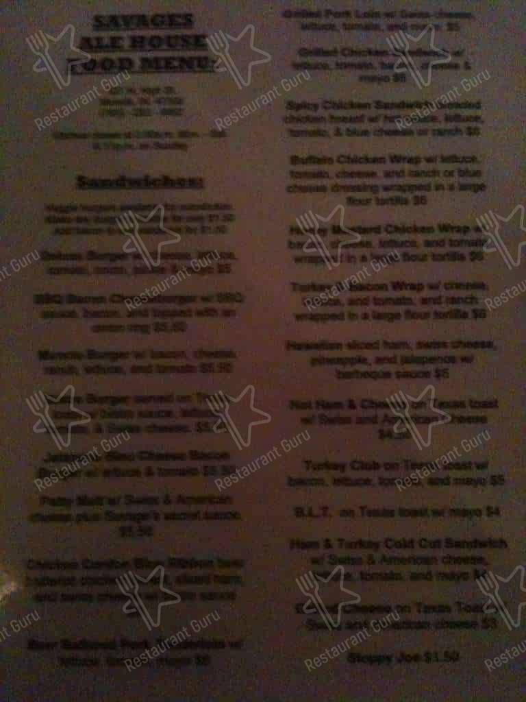 Menu at Savage's Ale House pub & bar, Muncie