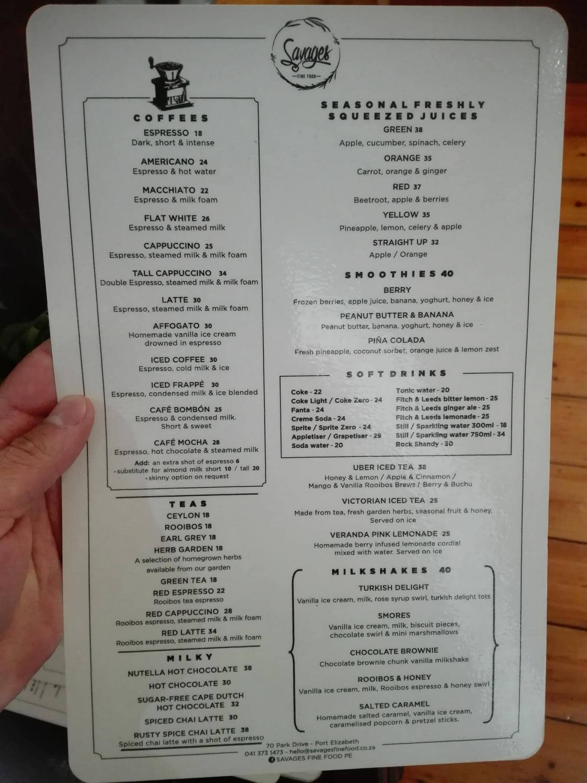 Menu at Savages Fine Food restaurant, Port Elizabeth