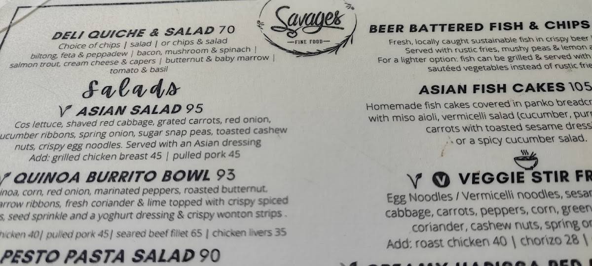 Menu at Savages Fine Food restaurant, Port Elizabeth