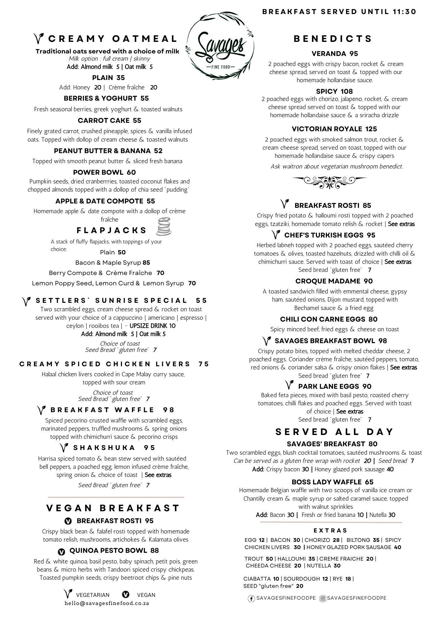 Menu at Savages Fine Food restaurant, Port Elizabeth