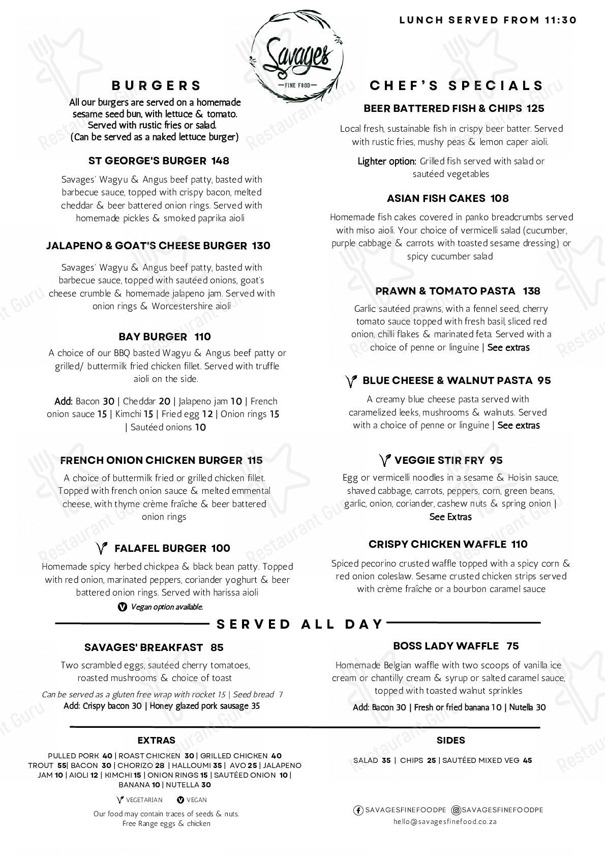 Menu at Savages Fine Food restaurant, Port Elizabeth