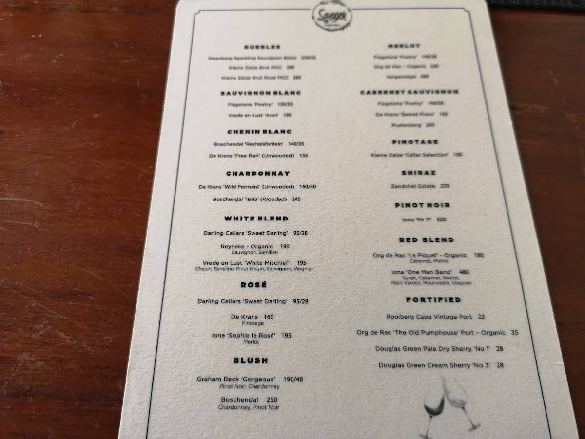 Menu at Savages Fine Food restaurant, Port Elizabeth