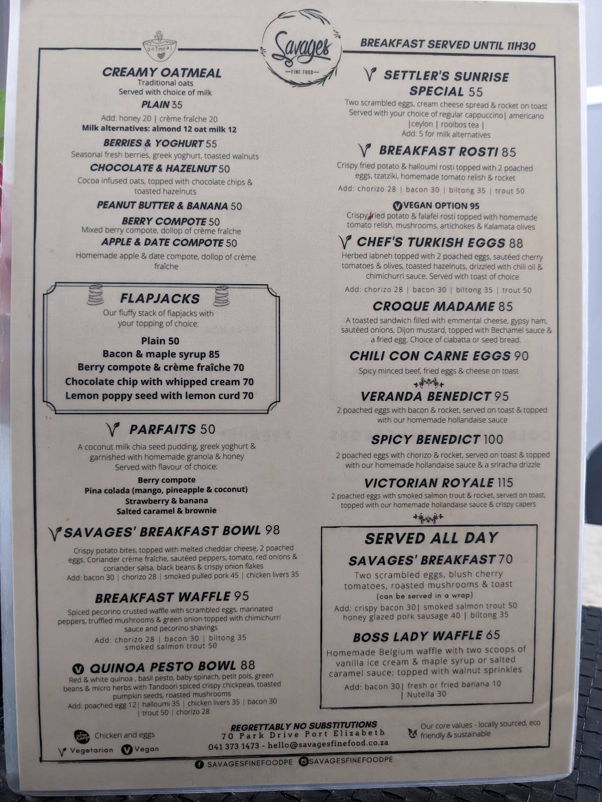 Menu at Savages Fine Food restaurant, Port Elizabeth