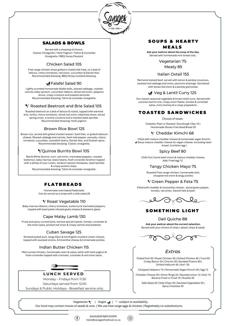 Menu at Savages Fine Food restaurant, Port Elizabeth