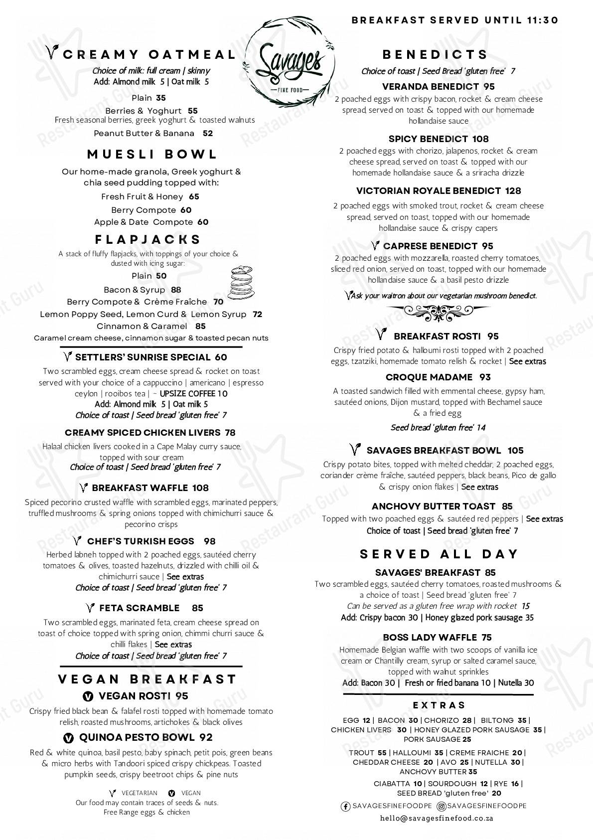 Menu at Savages Fine Food restaurant, Port Elizabeth
