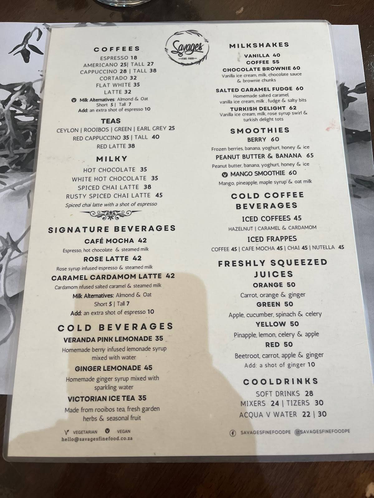 Menu at Savages Fine Food restaurant, Port Elizabeth