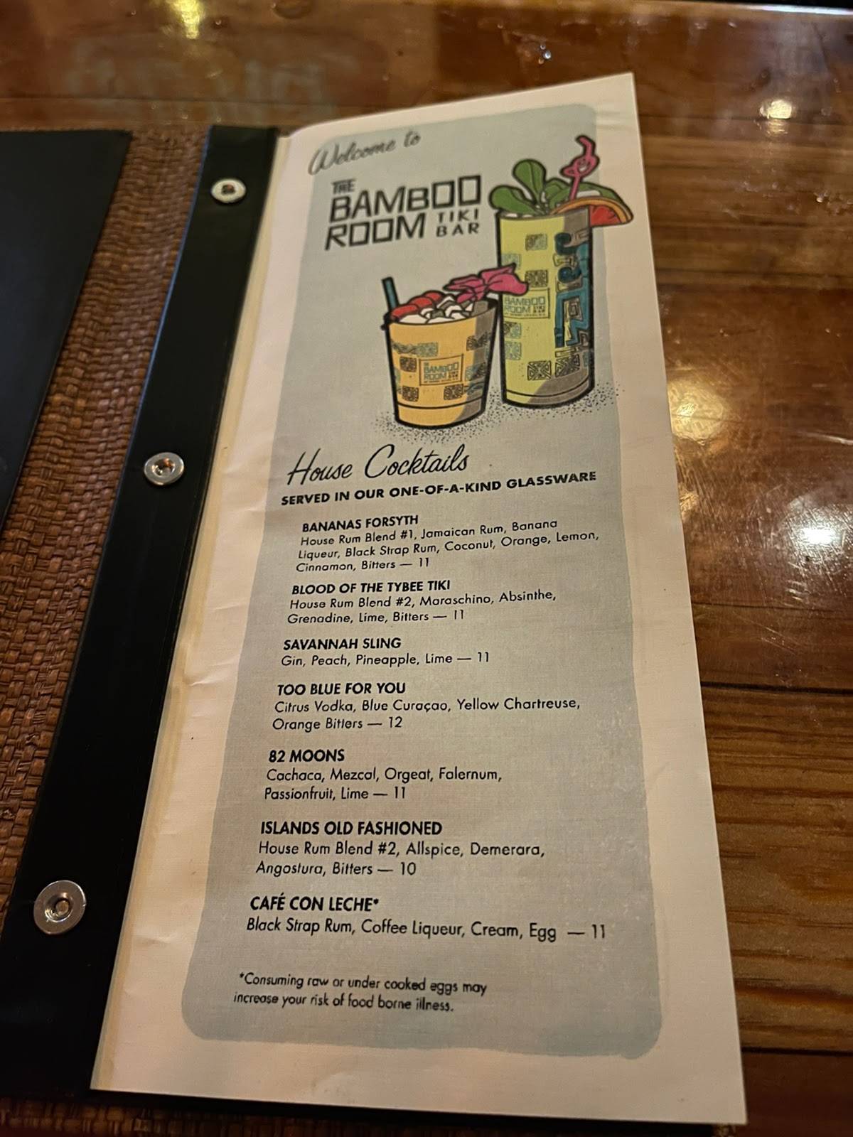 Menu at The Bamboo Room Tiki Bar, Savannah