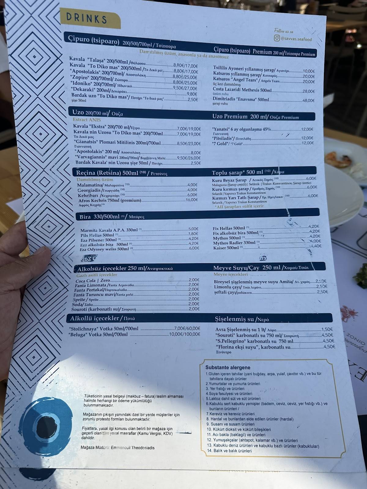 Menu at Savas food station, Paralia
