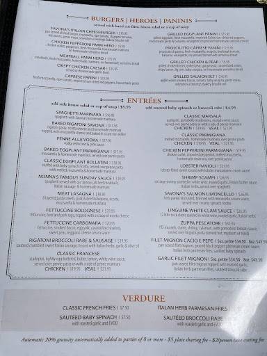 Menu at Savona's Trattoria & Bar - Hudson, Hudson