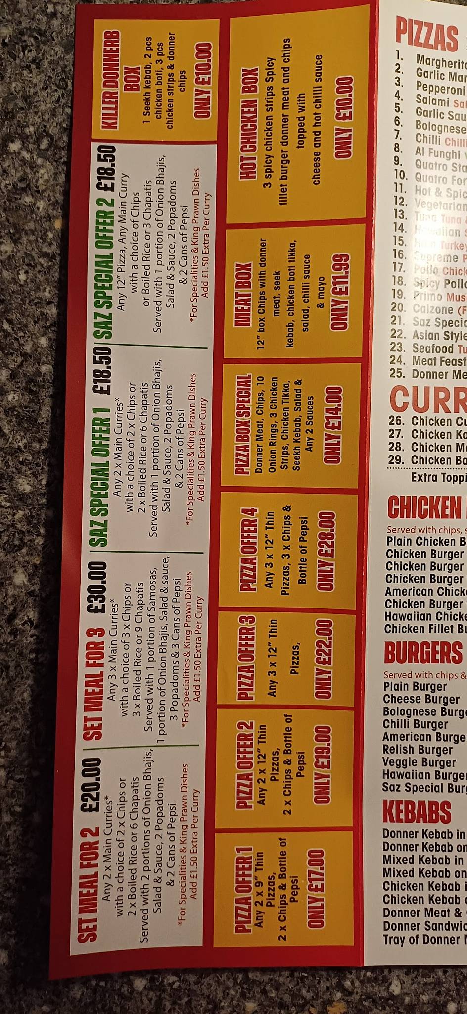 Menu at Saz Pizza & Balti House restaurant, Halifax