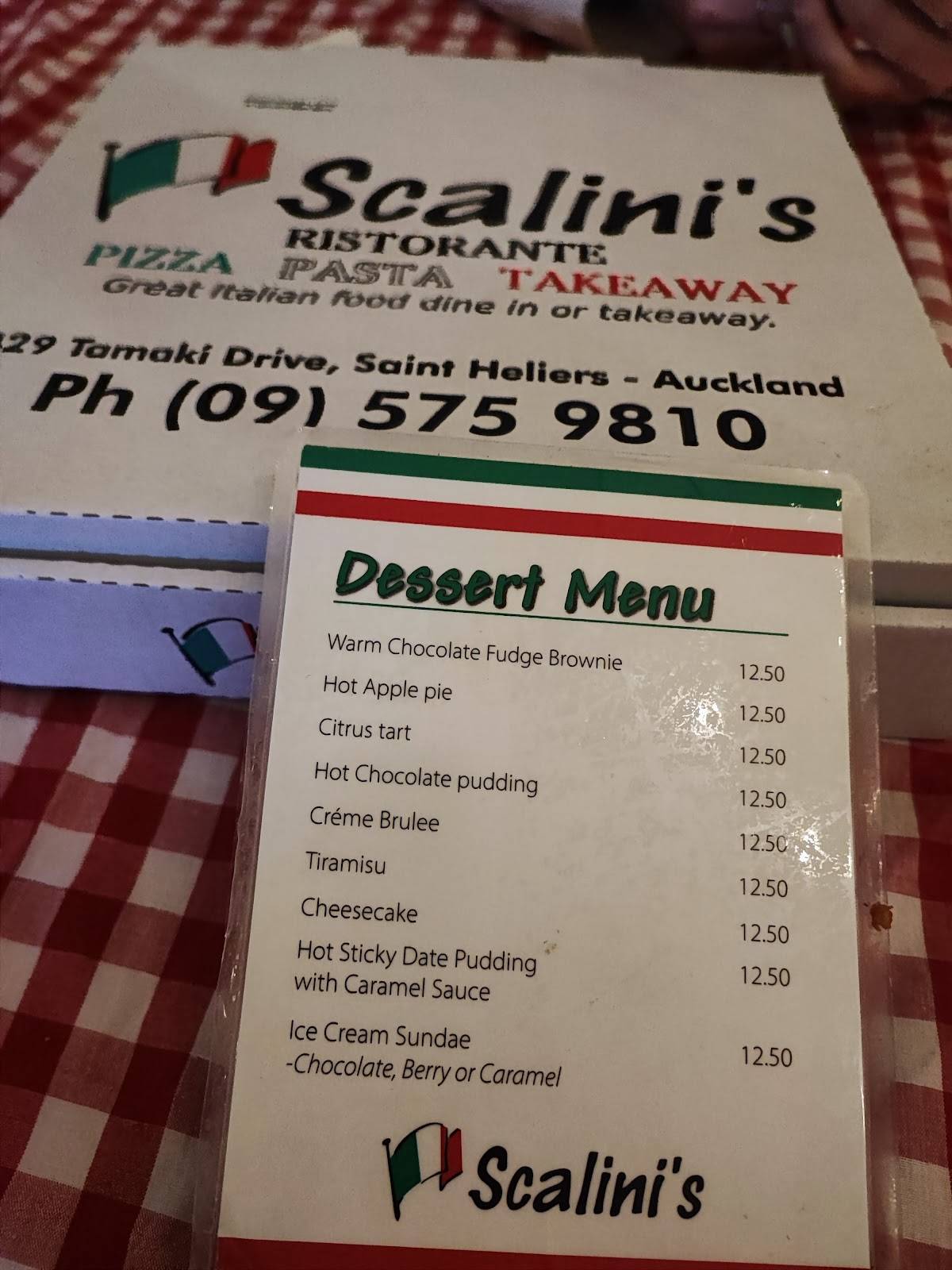 Menu at Scalini's Italian Restaurant & Pizzeria, Auckland, 429 Tamaki Dr