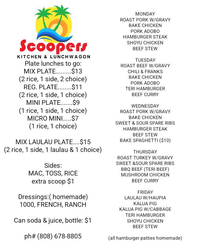 Menu at Scoopers Kitchen fast food, Waipahu