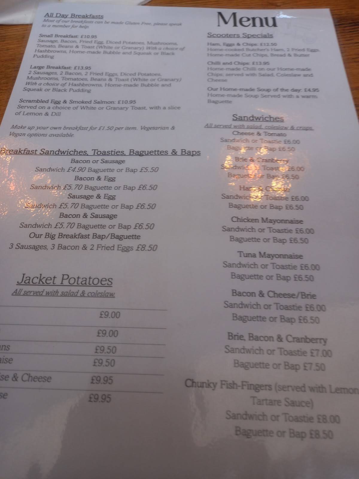Carta de Scooters Cafe, Acle