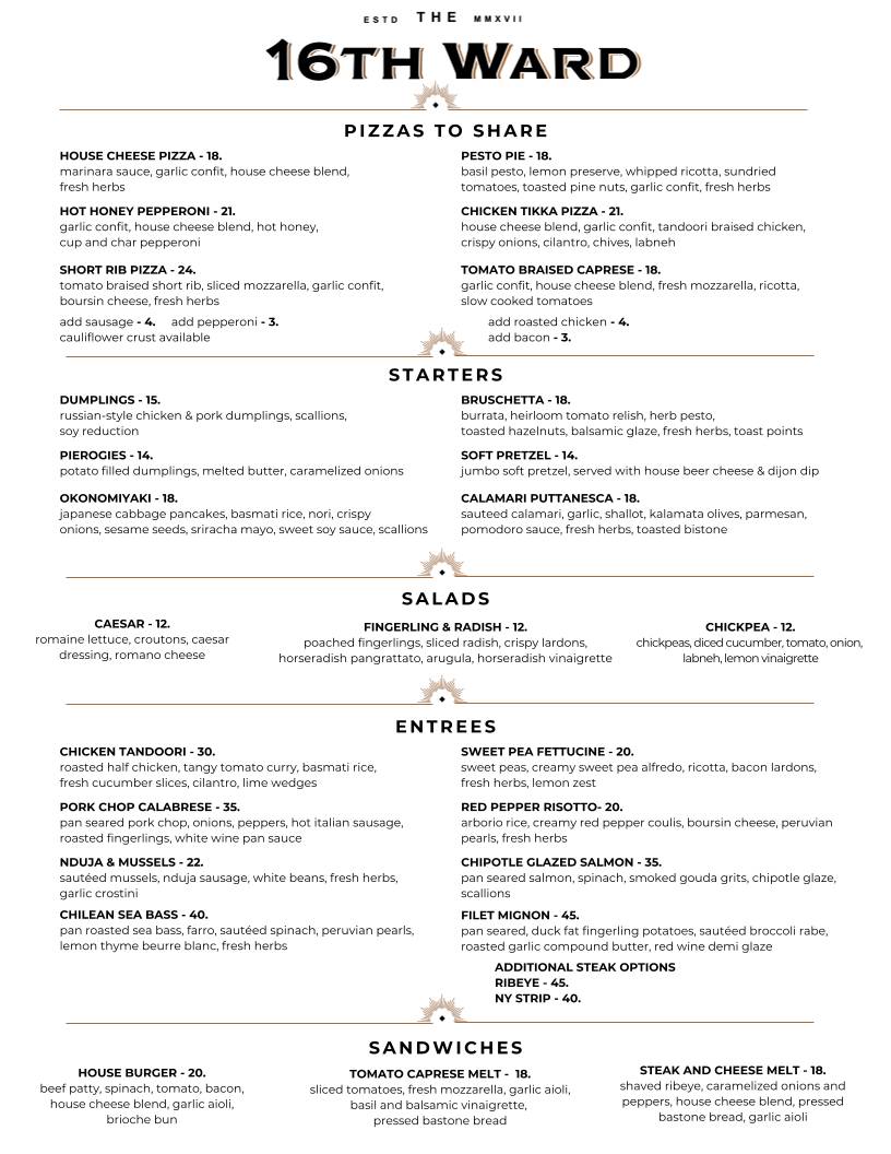 Menu at The 16th Ward restaurant, Scranton