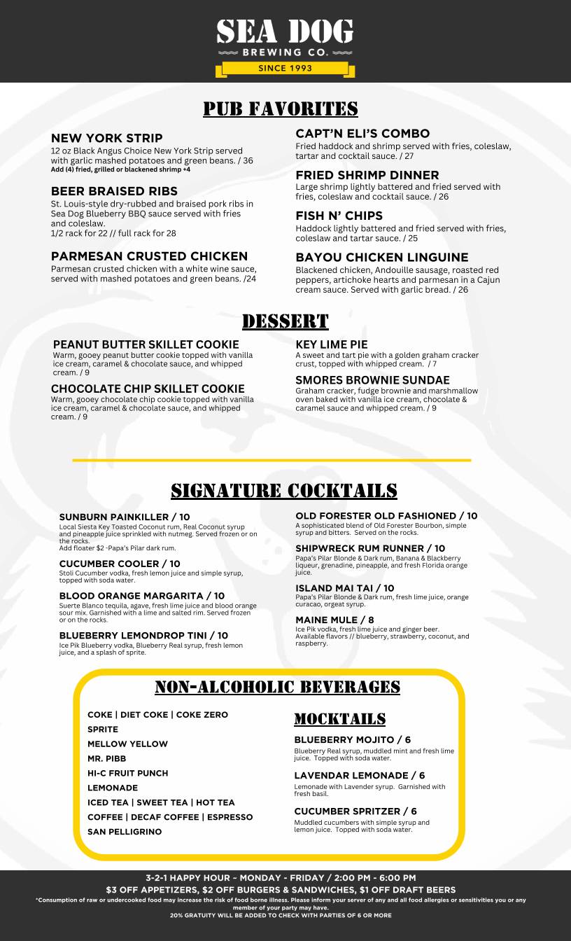Menu at Sea Dog Brewing Co. pub & bar, Treasure Island