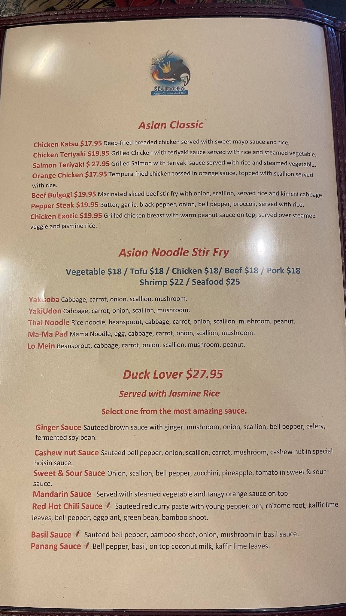 Menu at Sea Racha Asian Cuisine and Bar, Jupiter
