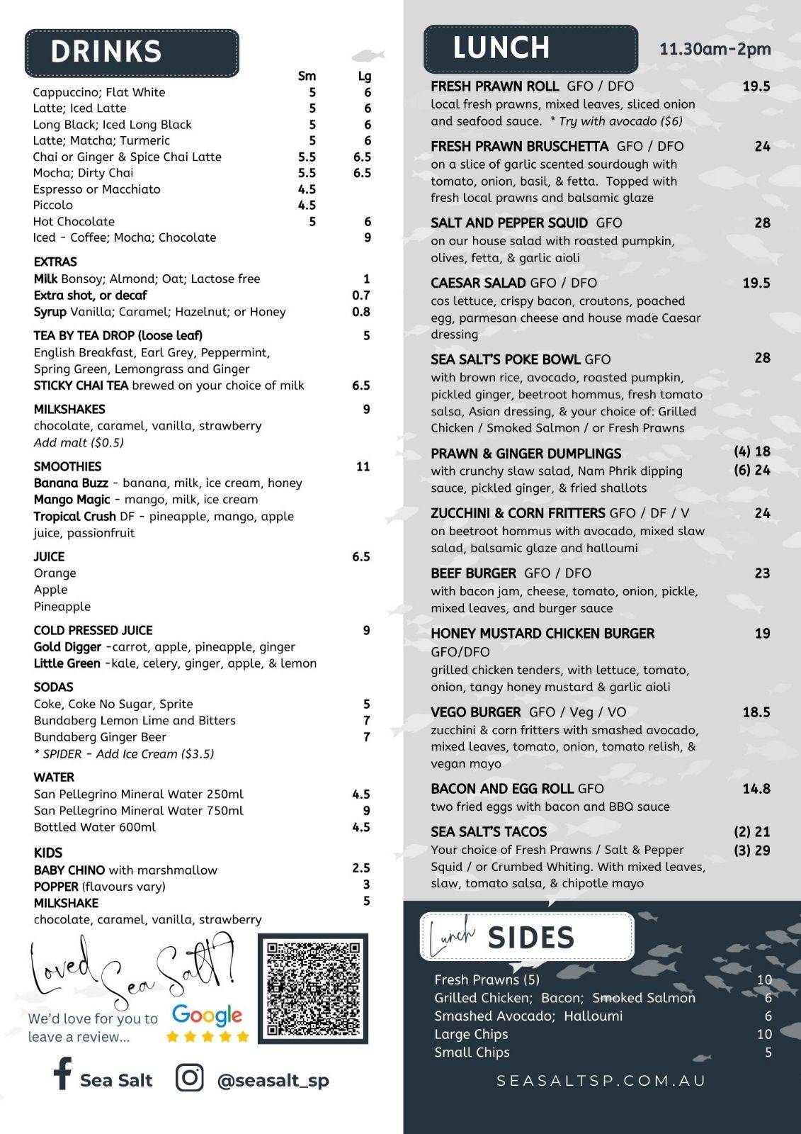 Menu at Sea Salt Soldiers Point cafe, Soldiers Point
