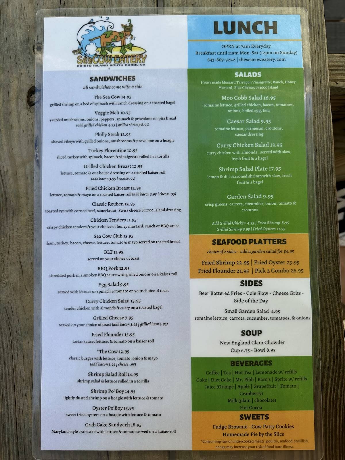Menu at SeaCow Eatery restaurant, Edisto Beach