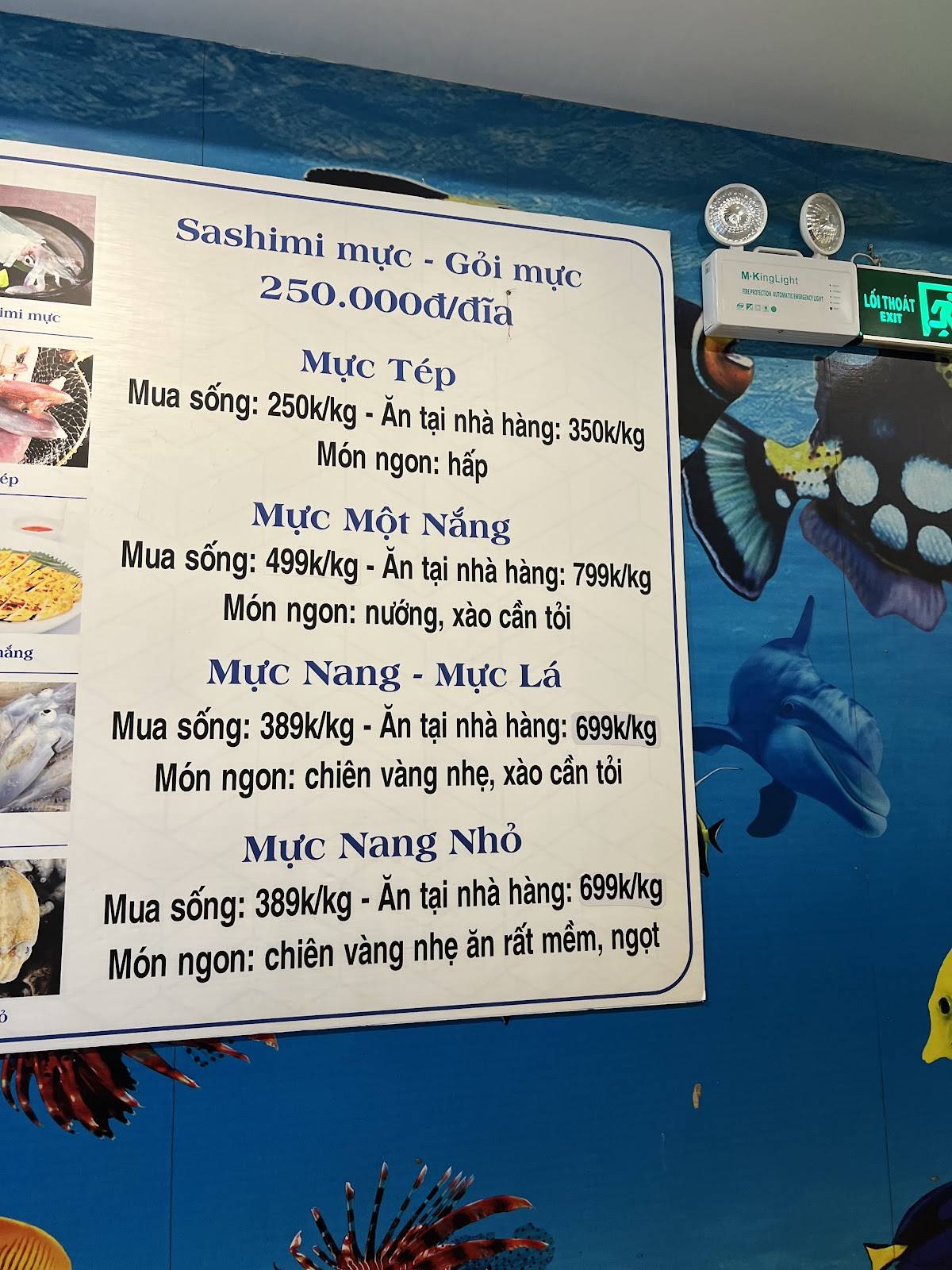 Menu at Seafood Bien Dong restaurant, Hanoi