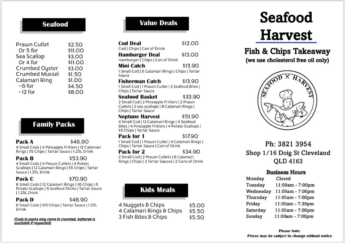 Menu at Seafood Harvest restaurant, Cleveland