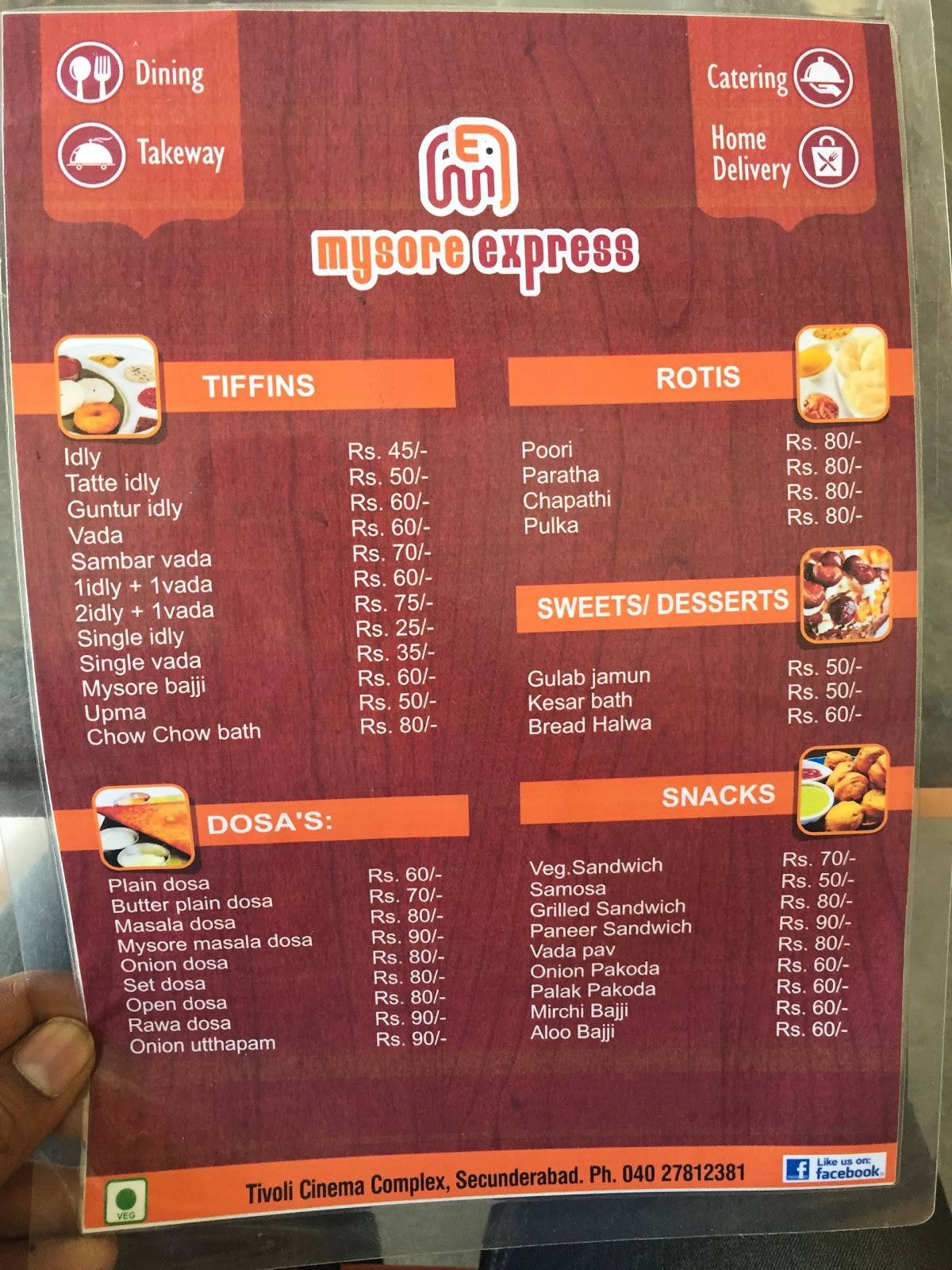 Menu at Mysore Express, Secunderabad, Tivoli Cinema