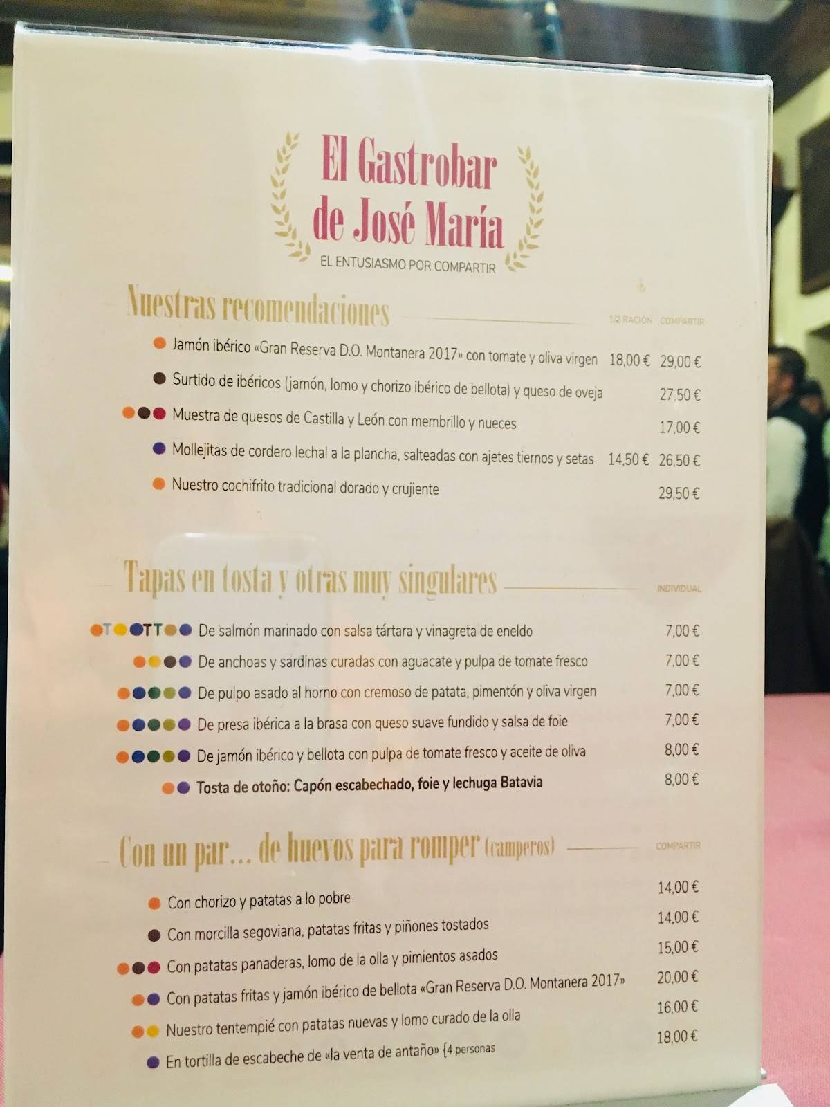 Carta de Restaurante José María, Segovia, Calle del Cronista Lecea