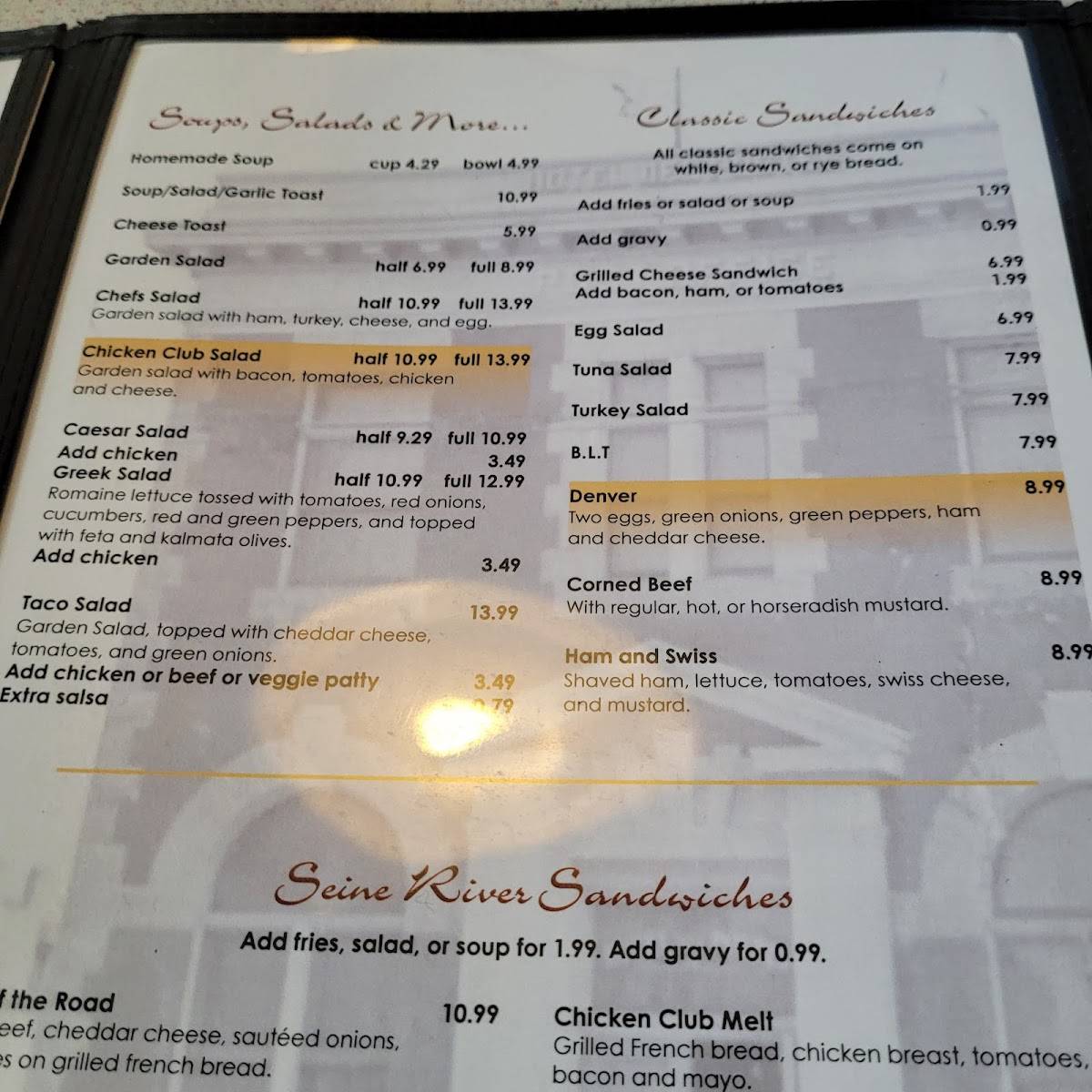 Menu at Seine River Cafe, Winnipeg