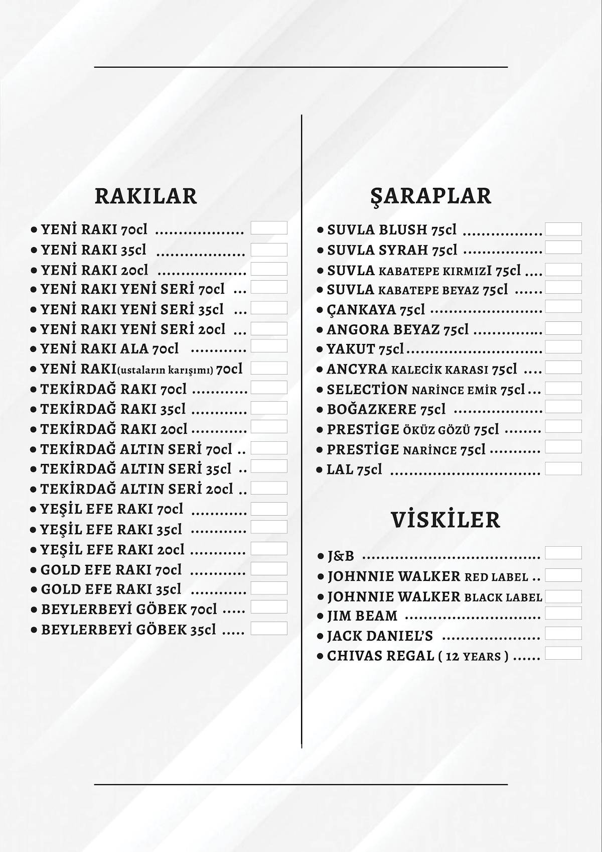 Carta de Select Assos - Et Balık Restaurant, Turquía