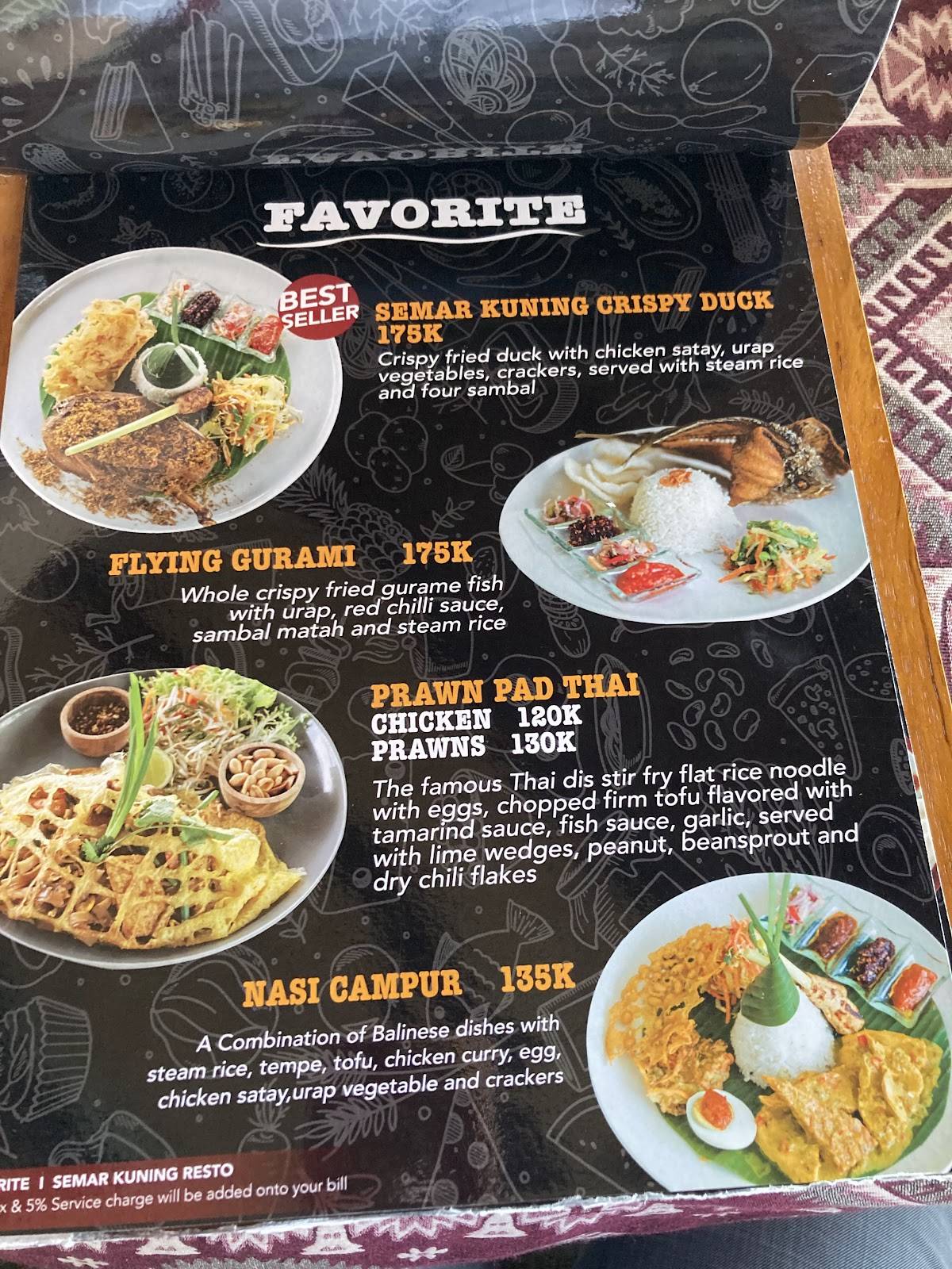 Menu at Semar Kuning Restaurant, Lodtunduh