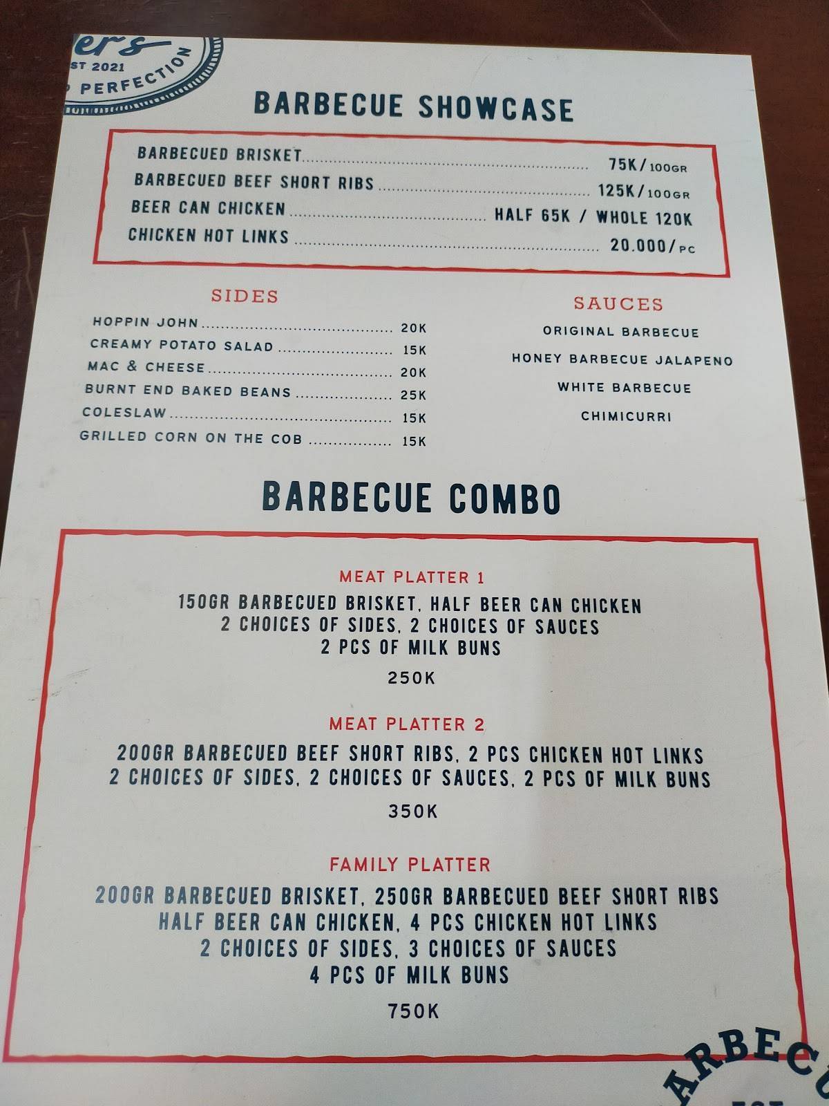 Menu at Tyler's Smoke House restaurant, Semarang