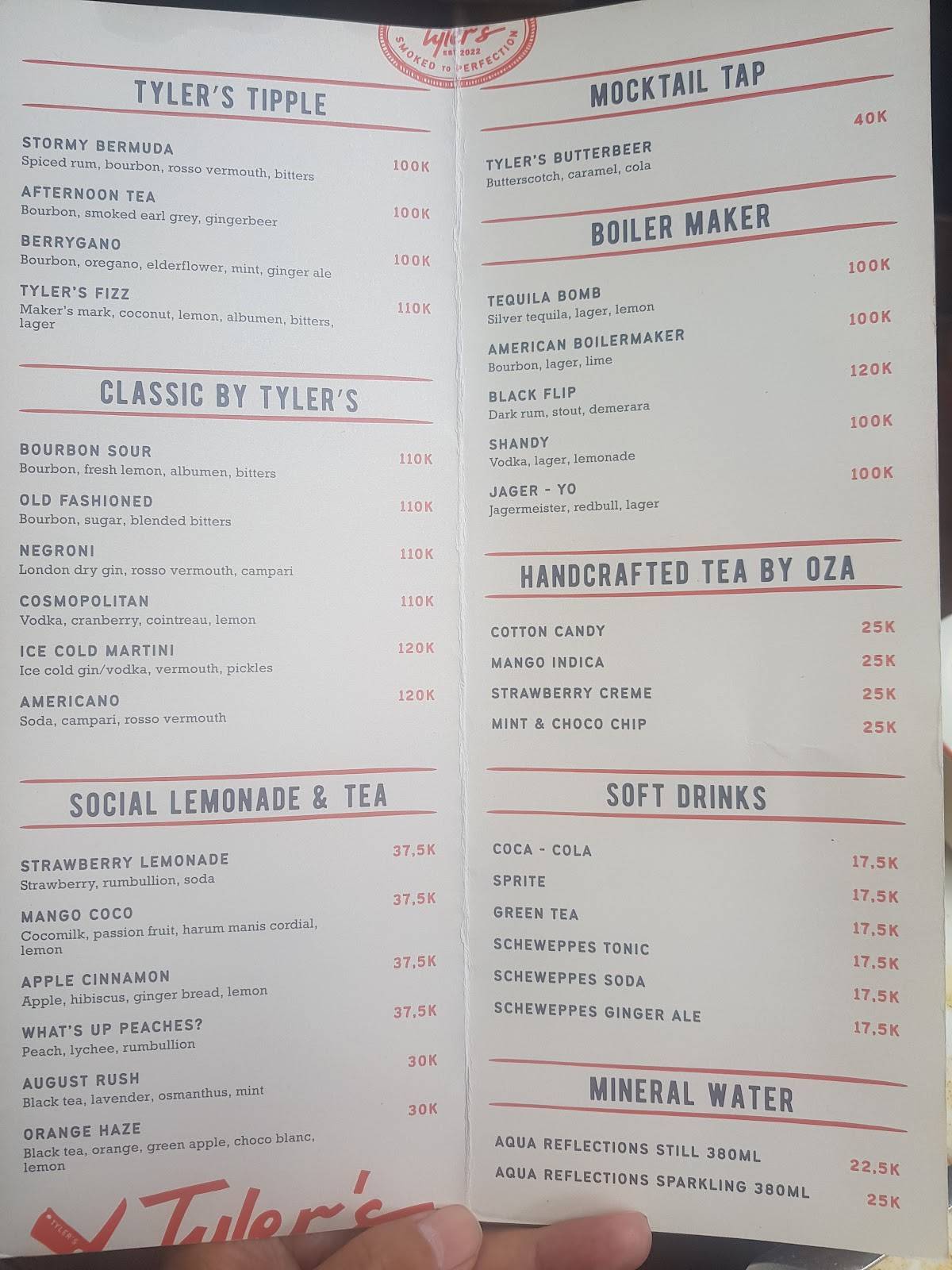 Menu at Tyler's Smoke House restaurant, Semarang