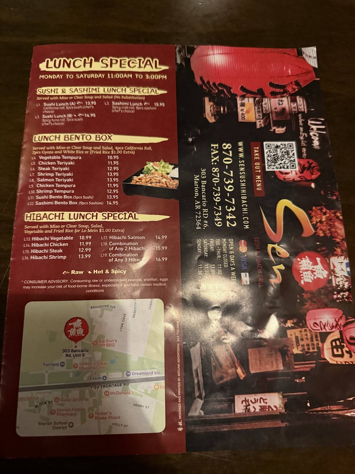 Menu at Sen Sushi & Hibachi Grill restaurant, Marion