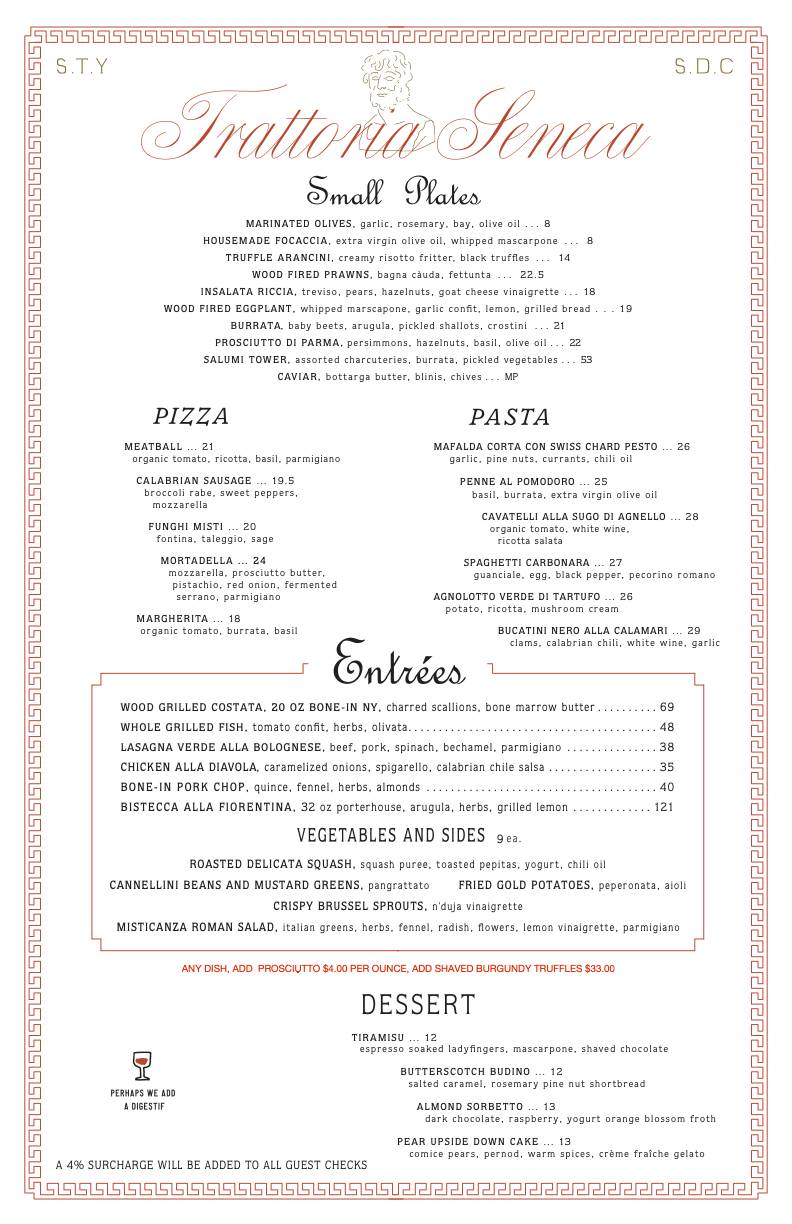 Menu at Seneca Trattoria restaurant, San Diego