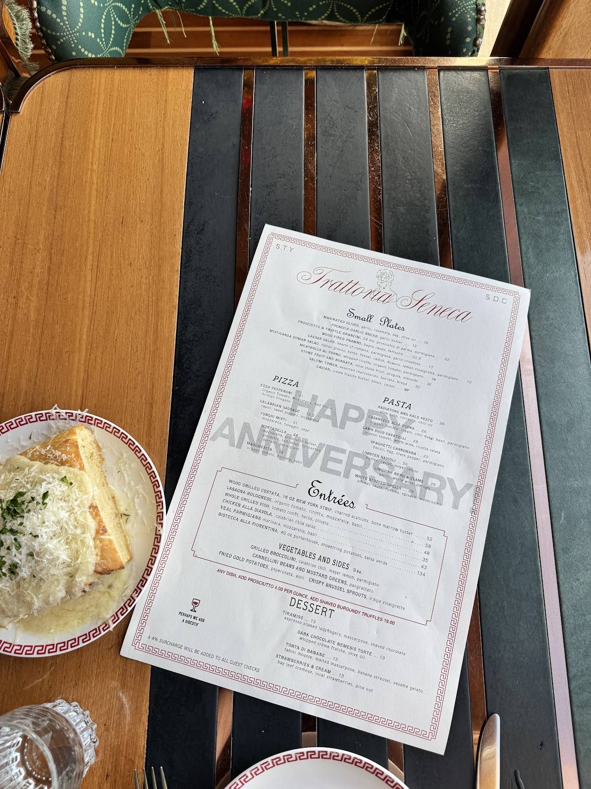 Menu at Seneca Trattoria restaurant, San Diego