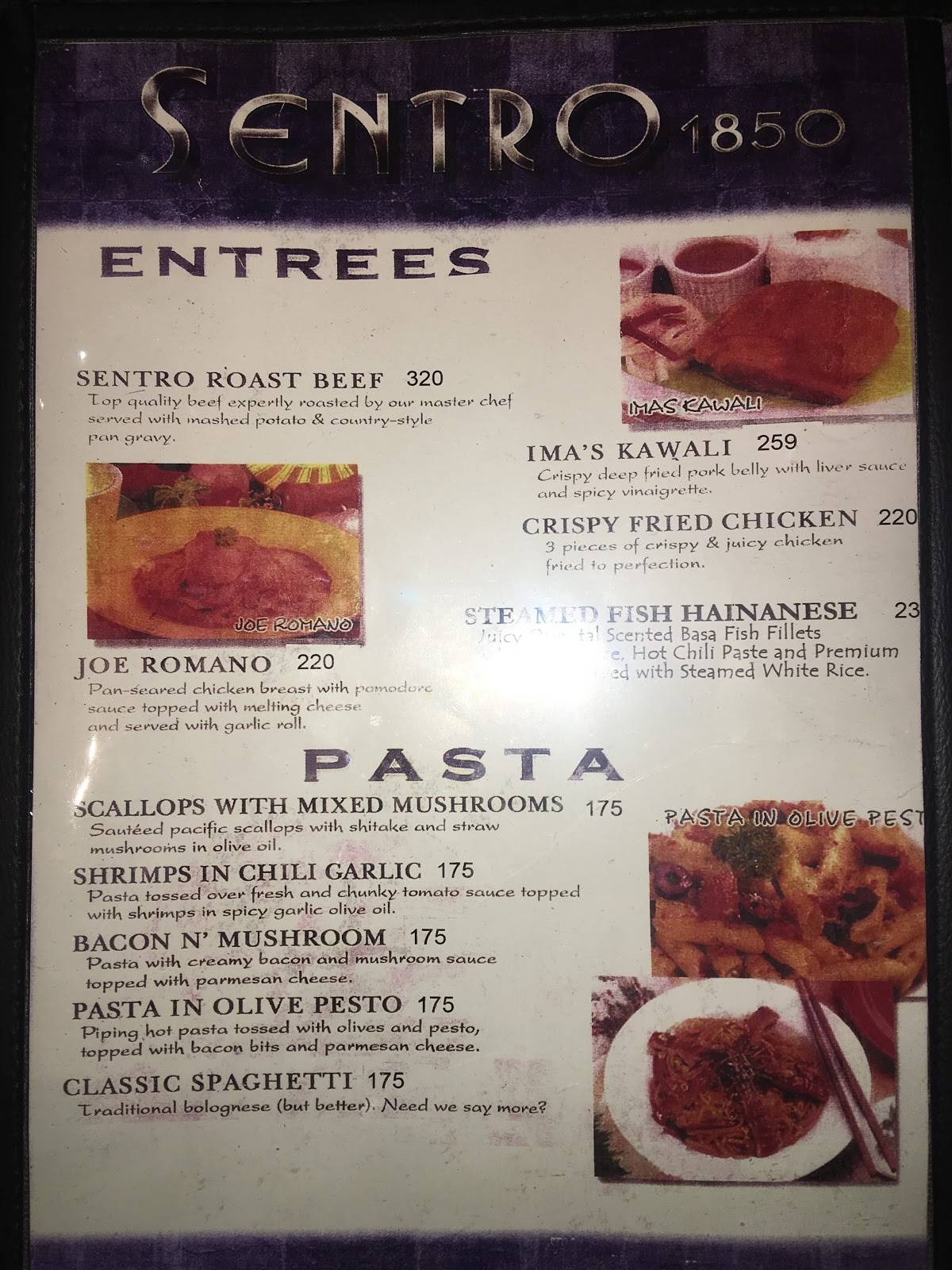 Menu at Sentro 1850 restaurant, Cagayan de Oro