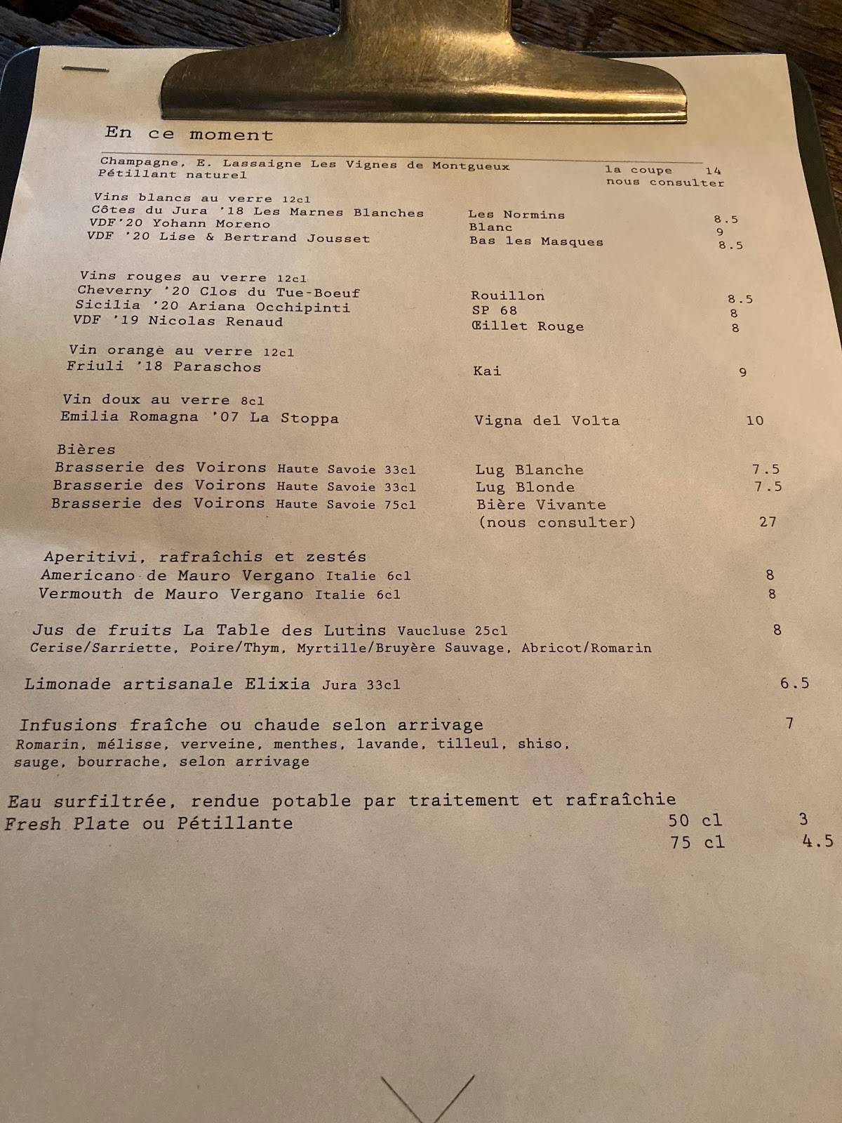 Menu at Septime restaurant, Paris, 80 Rue de Charonne
