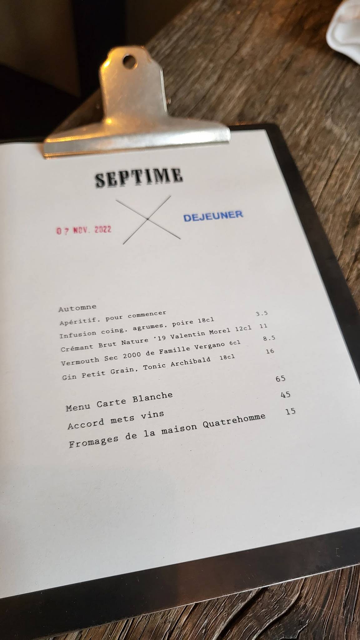 Menu at Septime restaurant, Paris, 80 Rue de Charonne
