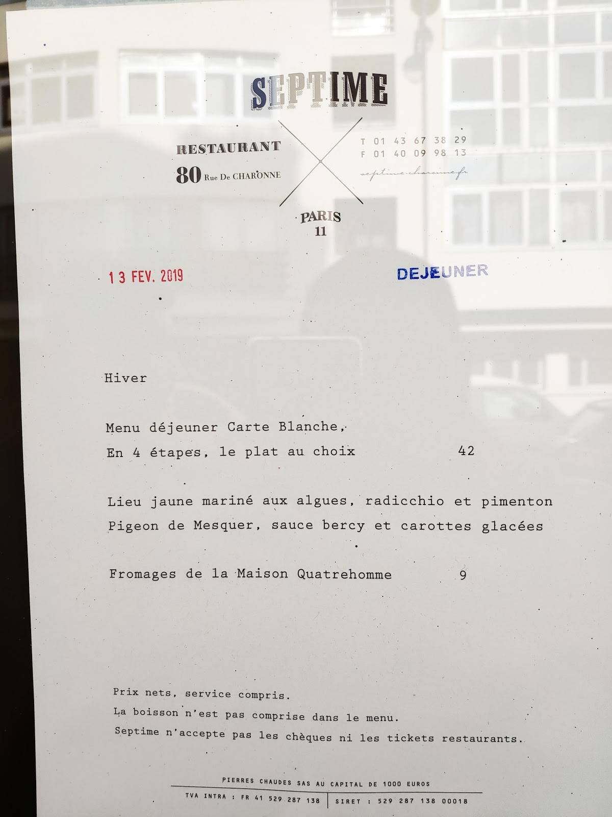 Menu at Septime restaurant, Paris, 80 Rue de Charonne