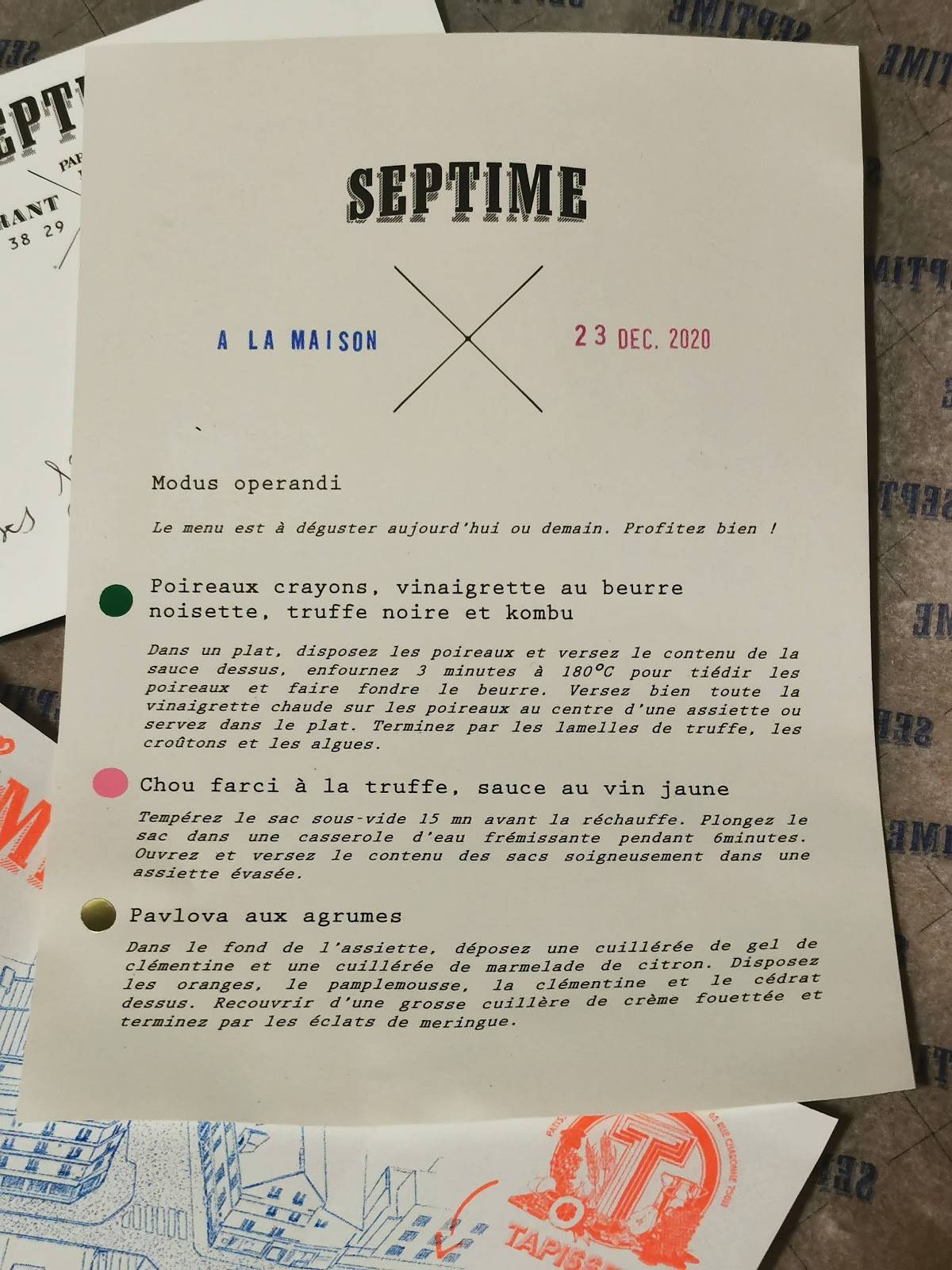 Menu at Septime restaurant, Paris, 80 Rue de Charonne