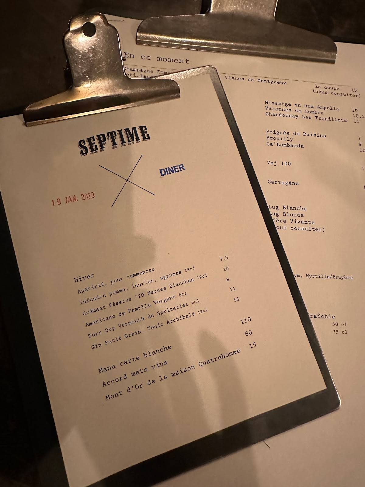 Menu at Septime restaurant, Paris, 80 Rue de Charonne
