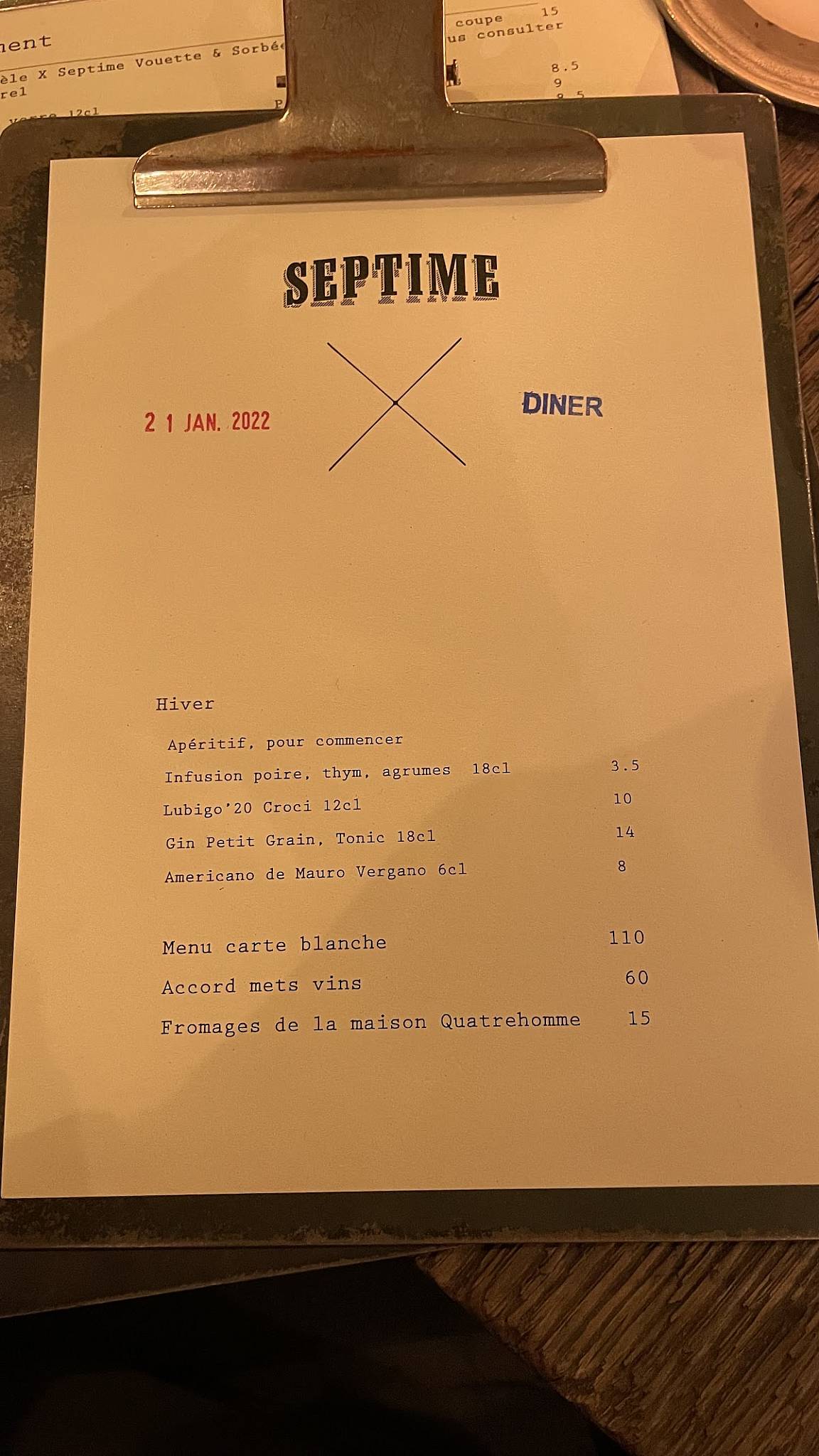 Menu at Septime restaurant, Paris, 80 Rue de Charonne