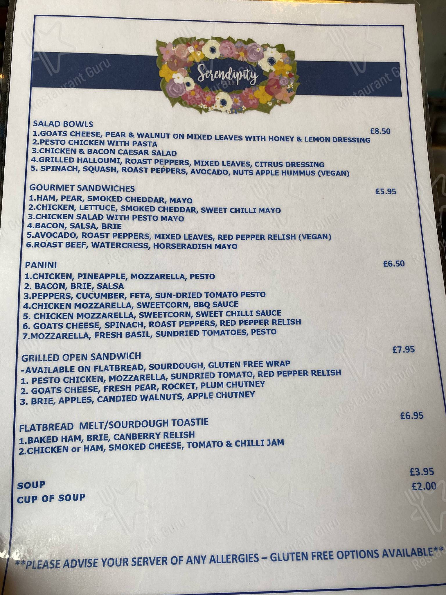 Menu at Serendipity Artisan Cafe Bar, Omagh