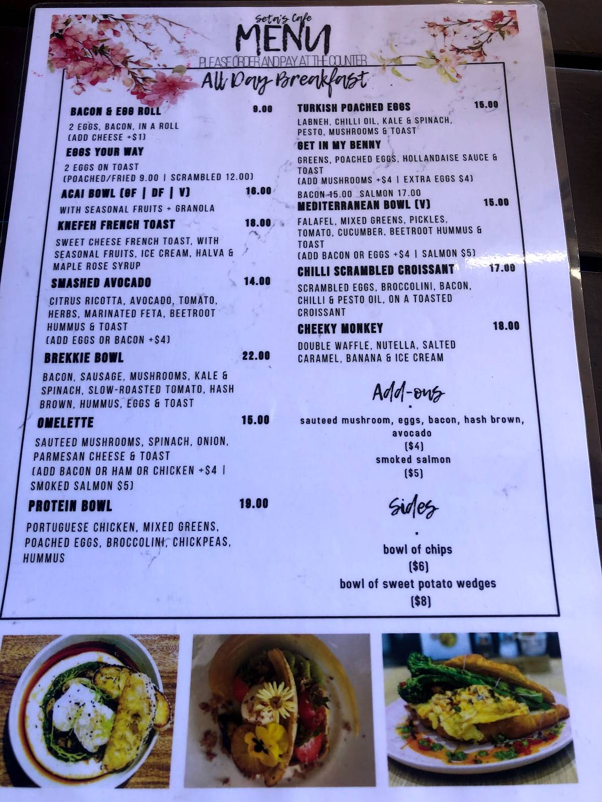 Menu at Seta's Cafe, Campbelltown