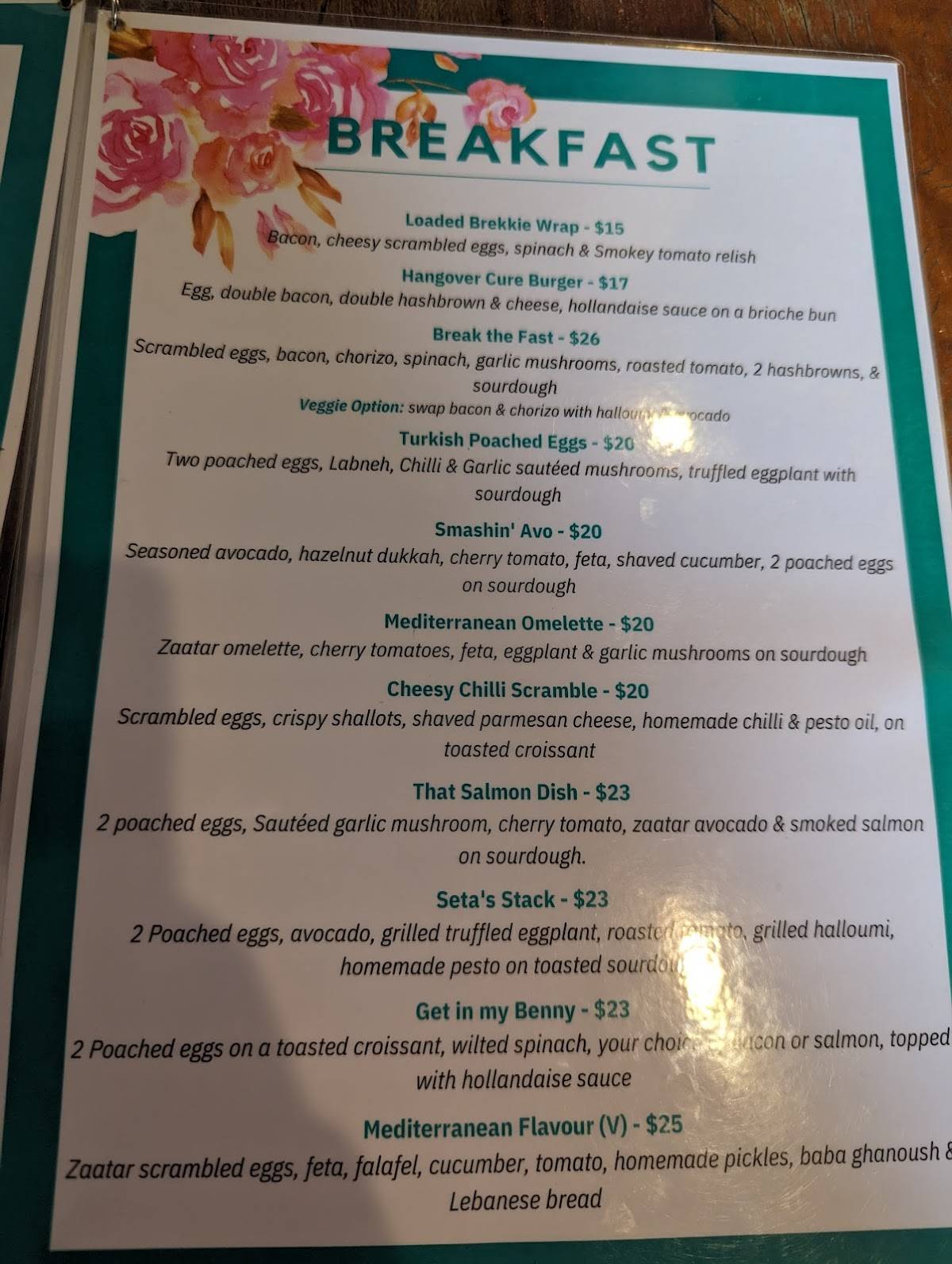 Menu at Seta's Cafe, Campbelltown