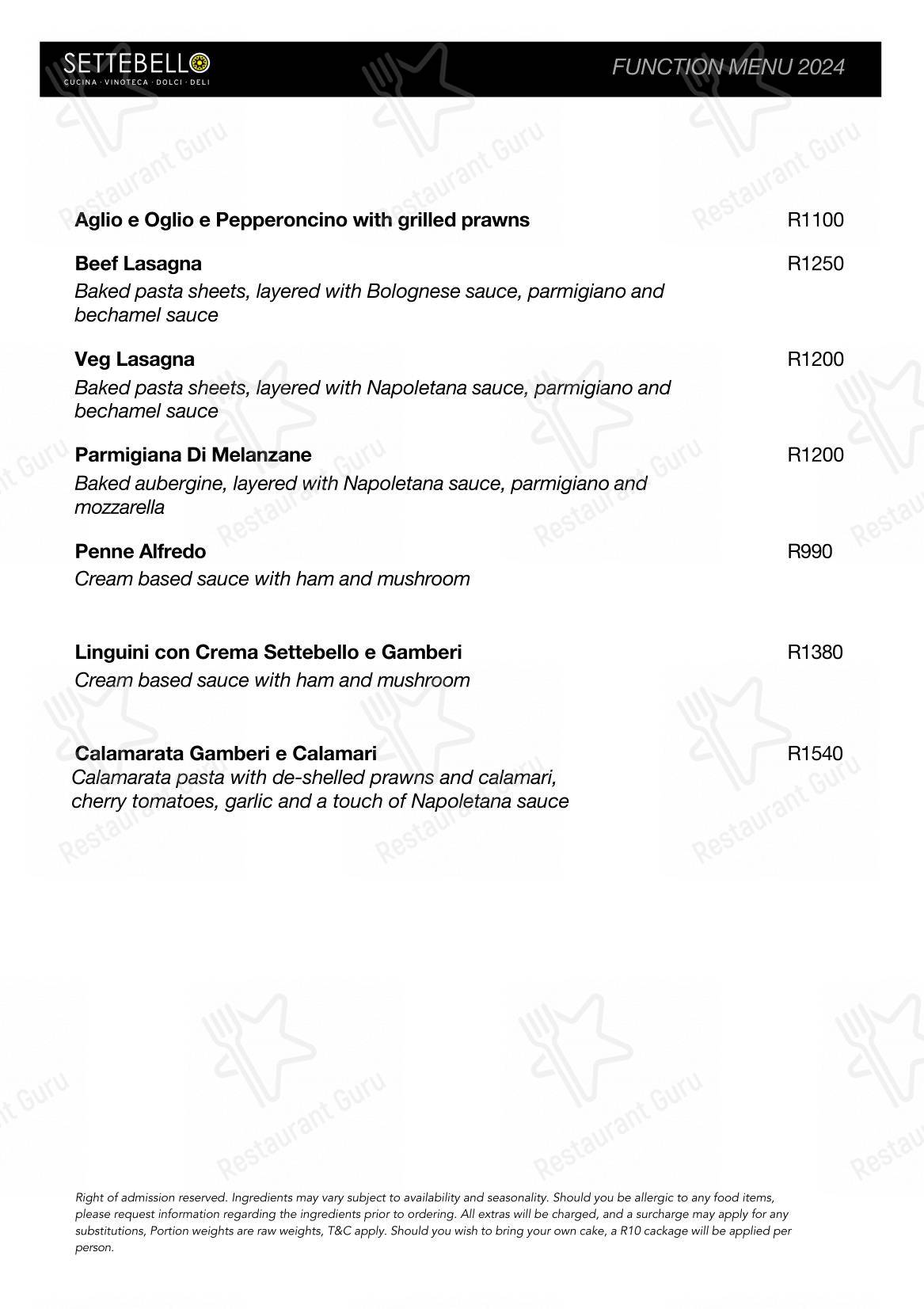 Menu bij SetteBello at the Italian Club, Germiston