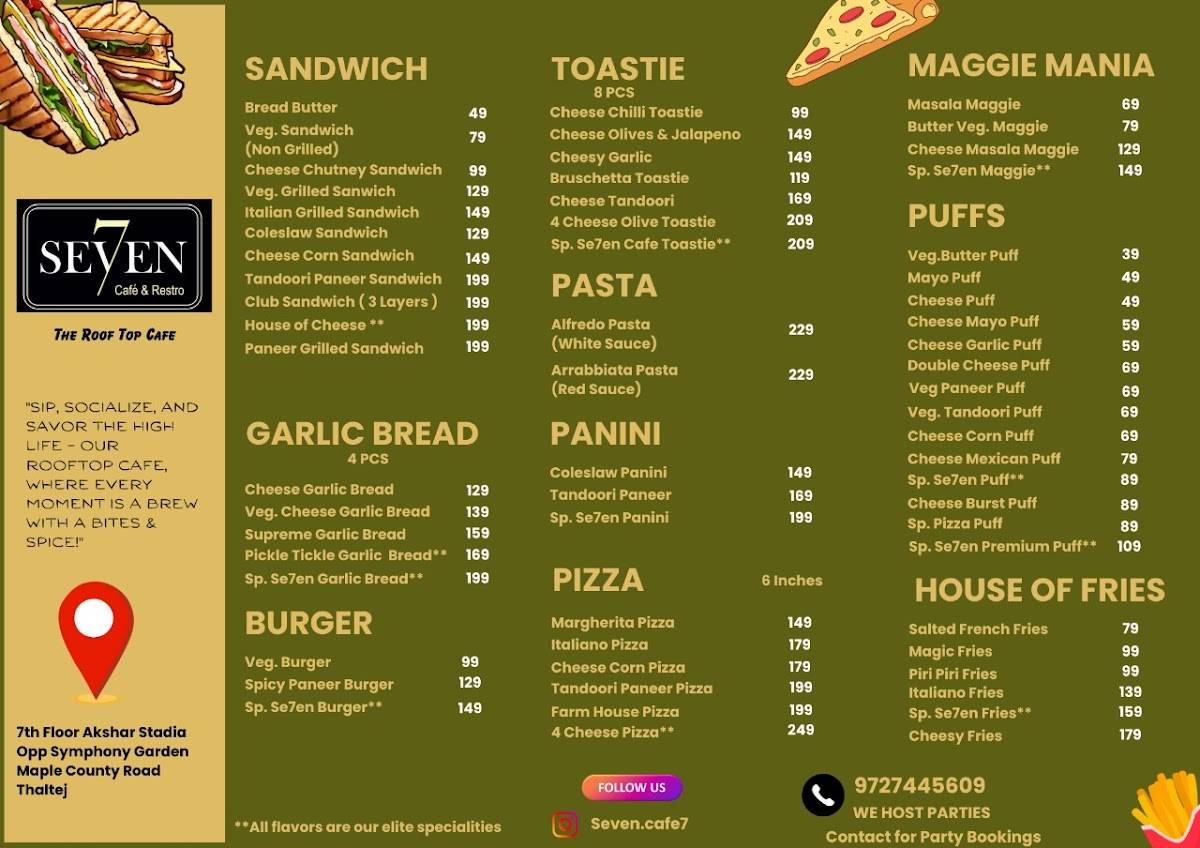 Menu at Seven Cafe-rooftop cafe, Ahmedabad