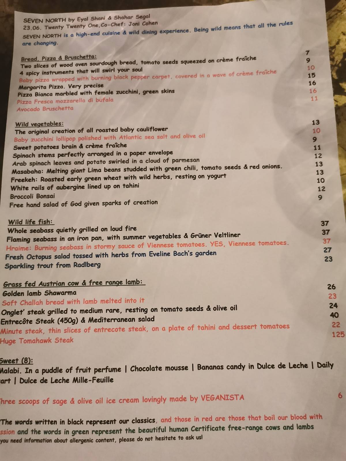 Speisekarte von Seven North restaurant, Wien