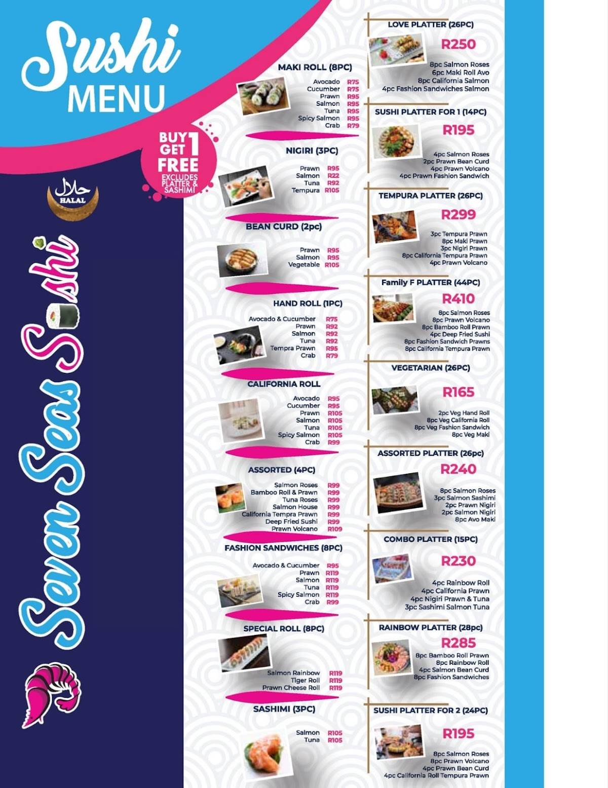 Menu at Seven Seas Sushi Durban North حلال restaurant, Durban