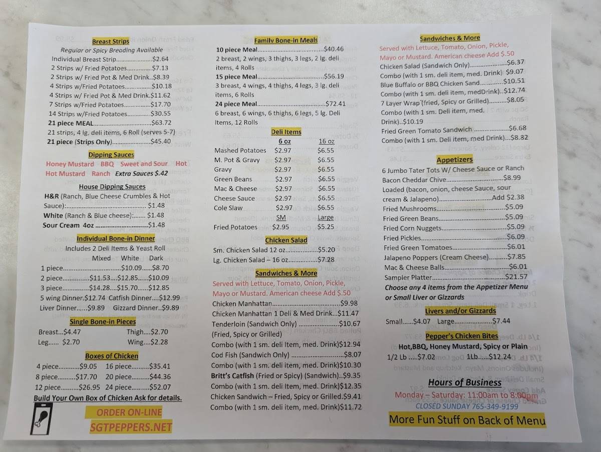 Menu at Sgt Pepper's Chicken restaurant, Martinsville