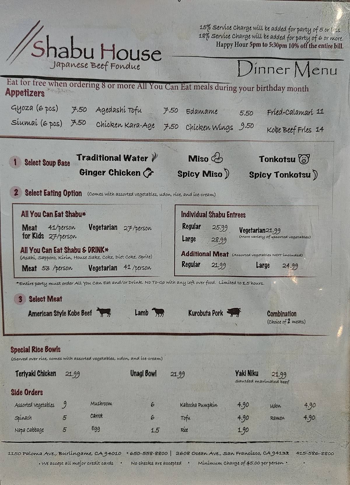 Menu at Shabu House restaurant, Burlingame